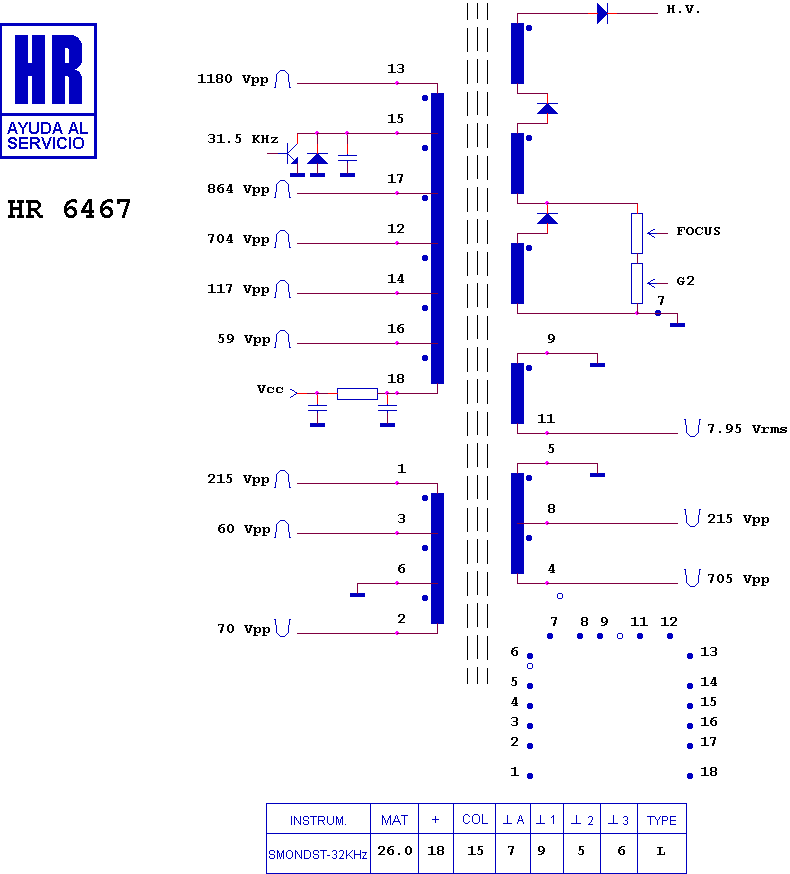 Line Output Transformer / Flyback: HR6467 (HR 6467) - AT2077 / 85 LINE ...